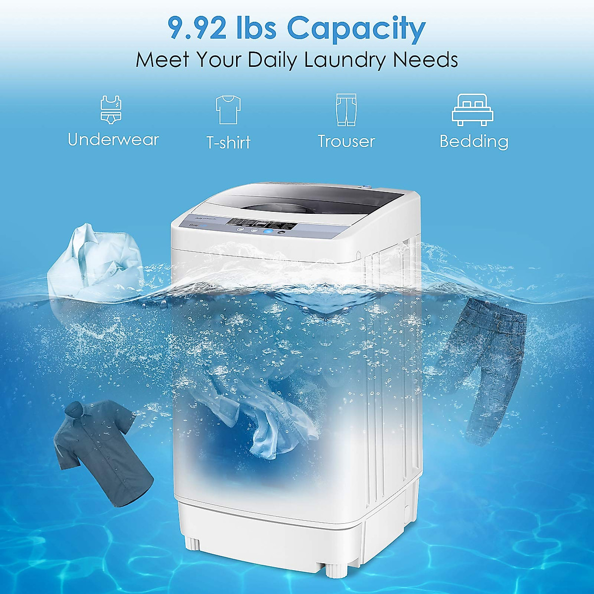 Casart Washing Machine Portable Compact 9.92lbs Capacity Full-Automatic W/Drain Pump,10 programs 8 Water Level 1.34 Cu.ft Cloth Washer and Spinner
