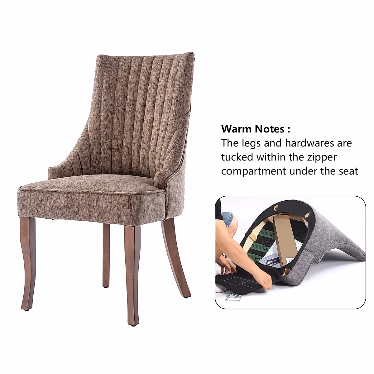 mikibama Linen Dining Chairs Set of 2 Channel Tufted Kitchen Dinner Chair Comfy Fabric Upholstered Accent Chair for Dining Room with Solid Wood Legs (Brown)