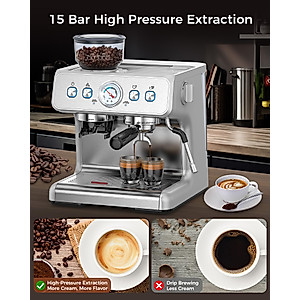 COWSAR Espresso Machine 15 Bar, Semi-Automatic Espresso Maker with Bean Grinder and Milk Frother Steam Wand, 75 Oz Removable Water Tank for Cappuccino, Latte, Stainless Steel