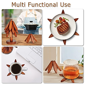 Wooden Trivets for Hot Dishes, Tree Shape Trivet Set, Foldable Kitchen Wooden Trivets, Tree Coaster for Hot Dishes、Pot、Bowl、teapot、hot Pot Holders (4 Piece-Walnut)