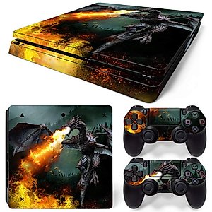 ZOOMHITSKINS PS4 Slim Skins, Animal Prehistoric Dragon Fire Flames Medieval Classic Vintage, Durable, Bubble-Free Goo-Free,Cover Set of 2 Controller Skins 1 Console Skin, Made in USA
