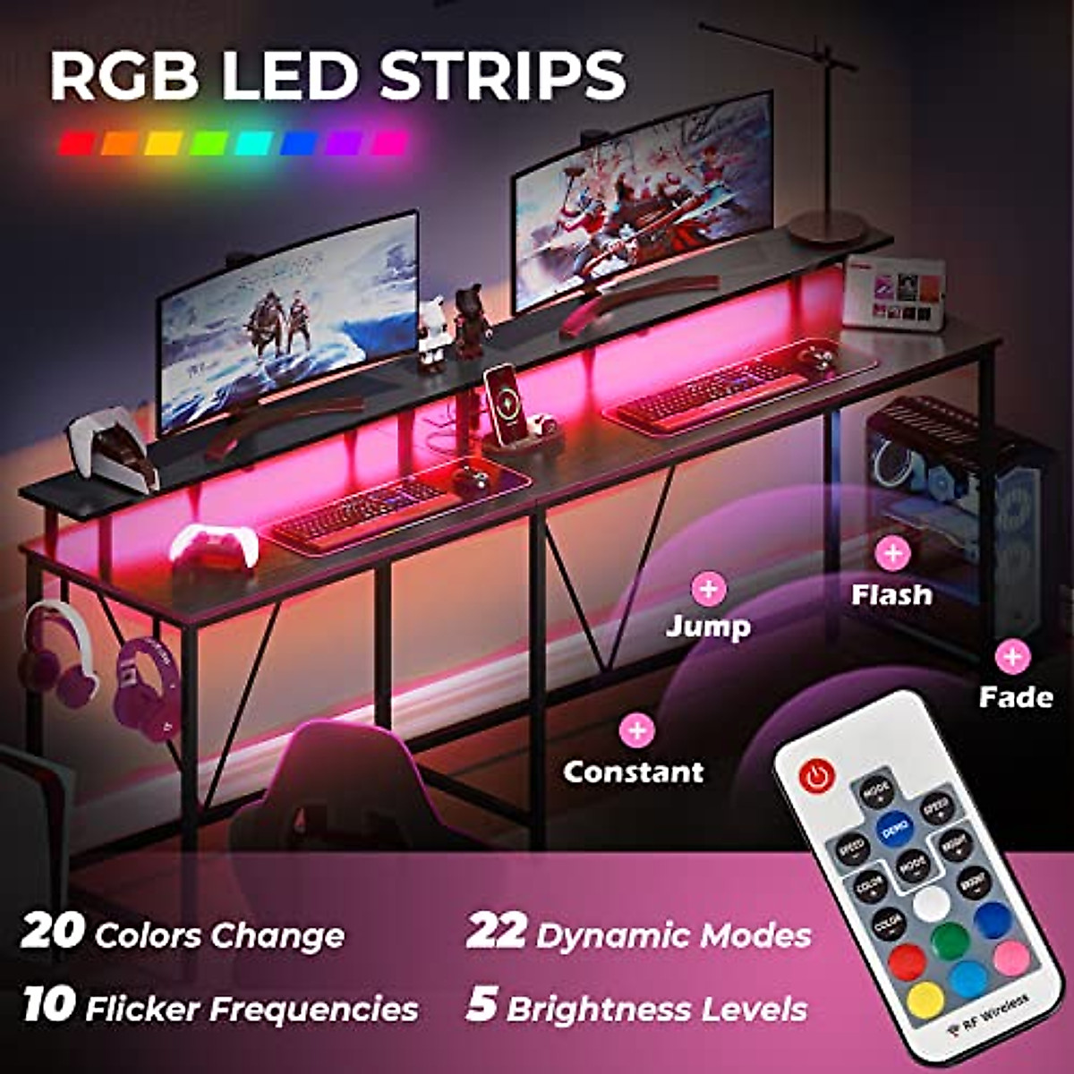 Huuger L Shaped Gaming Desk with LED Lights & Power Outlets, Computer Desk with Monitor Stand & Hooks, Home Office Desk, Corner Gaming Desk, Black