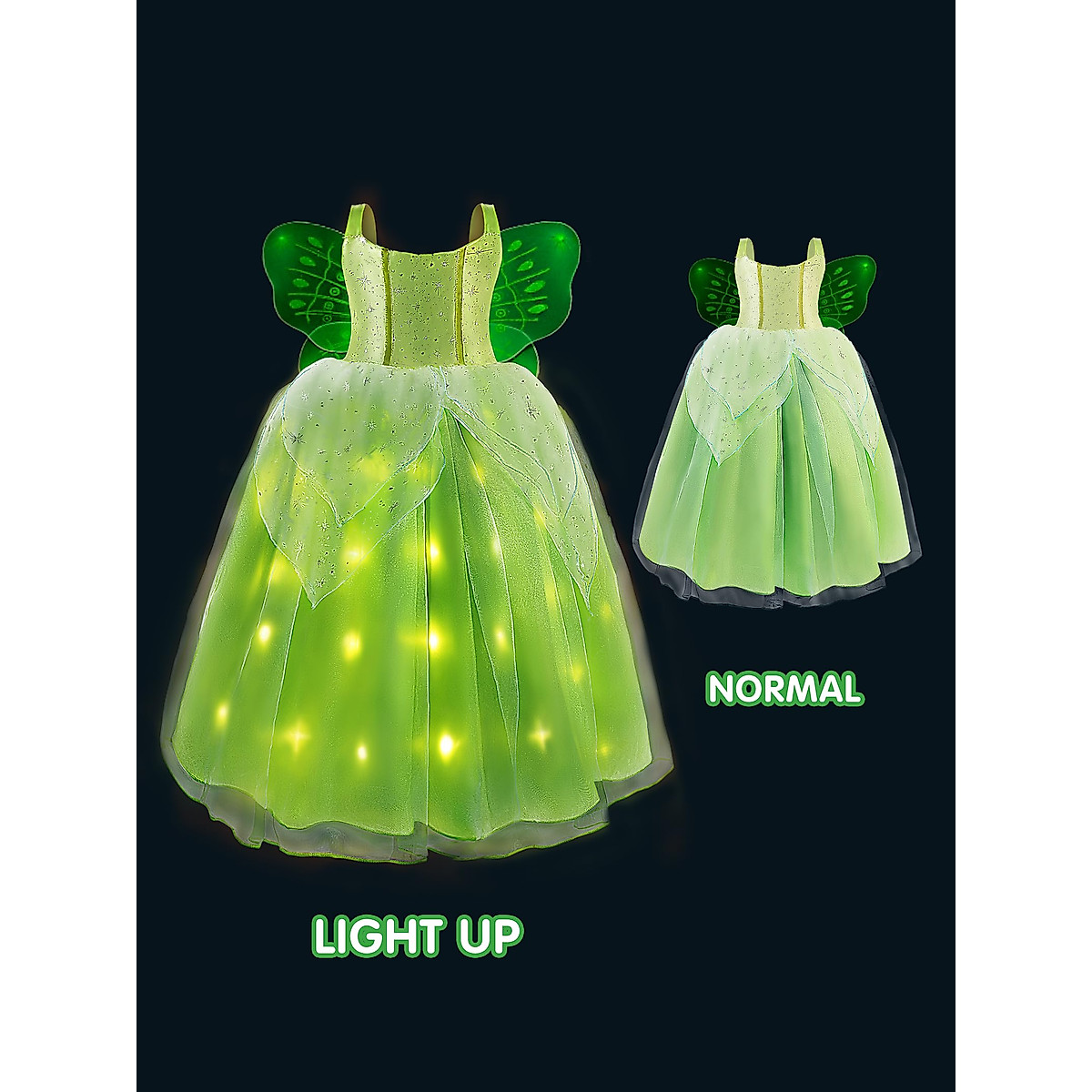 UPORPOR Light Up Fairy Costumes Girls Halloween Dress Kids Dressing Up Clothes Birthday Party Fancy led Costume, with Wing Green, 110