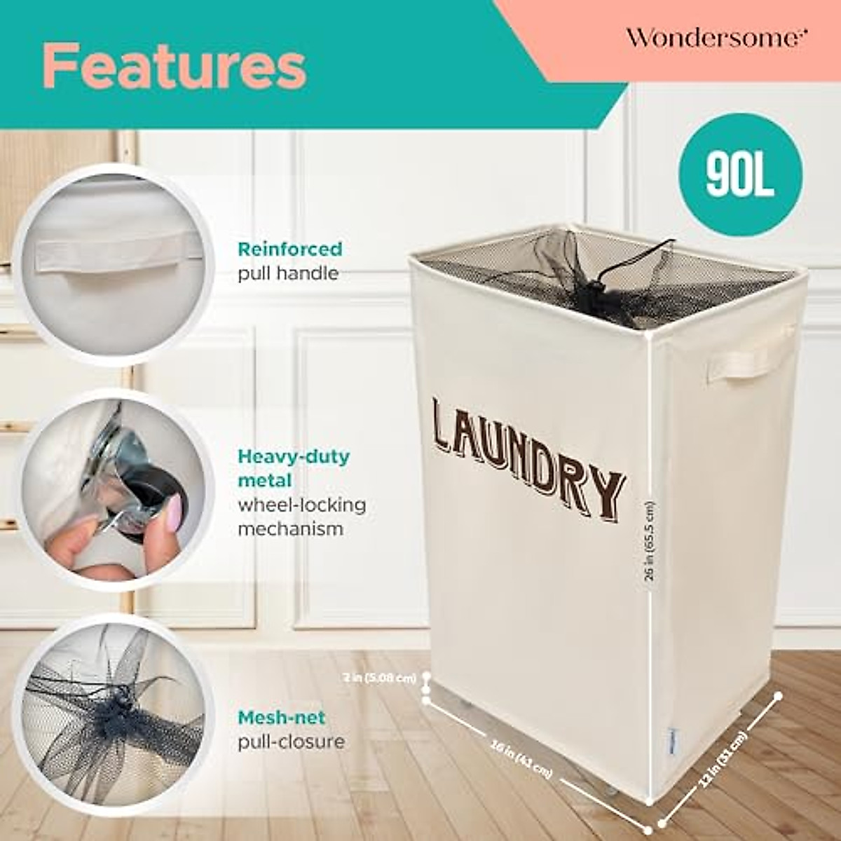 Wondersome Laundry Hamper with Wheels - Farmhouse Cream - 90-Liter Extra Large Collapsible Rolling Clothes Cart - Heavy Duty Locking Metal Wheel Tall Rectangular Canvas Storage Basket - US-Based Brand