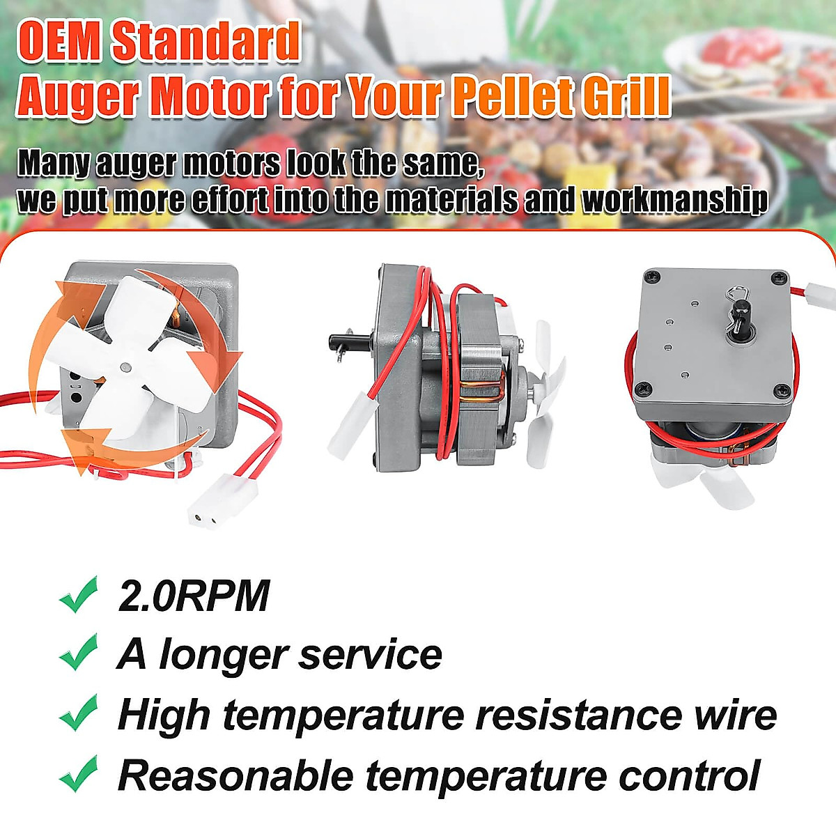 Upgraded Auger Motor Replacement for Traeger, Pit Boss Wood Pellet Grills, Pellet Grill Replacement Parts, Auger Drive Motor Kit for Camp Chef and Z Grills, 2.0 RPM, 110V, 60Hz, 2 Pole