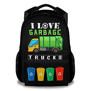 Mercuryelf I Love Garbage Trucks Backpack for Student - 16 Inch Black Backpacks for School - Cool Lightweight Bookbag for Kids