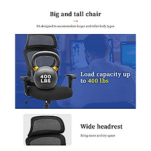 Big and Tall Office Chair Ergonomic Chair 400lbs Wide Seat Executive Desk Chair with Lumbar Support Adjustable Armrest Headrest High Back Mesh Computer Chair Rolling Swivel Task Chair(Black)