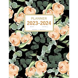 Planner 2023-2024: 8.5 x 11 Weekly and Monthly Organizer from May 2023 to April 2024 | Eucalyptus Branch Rose Flower Design Black