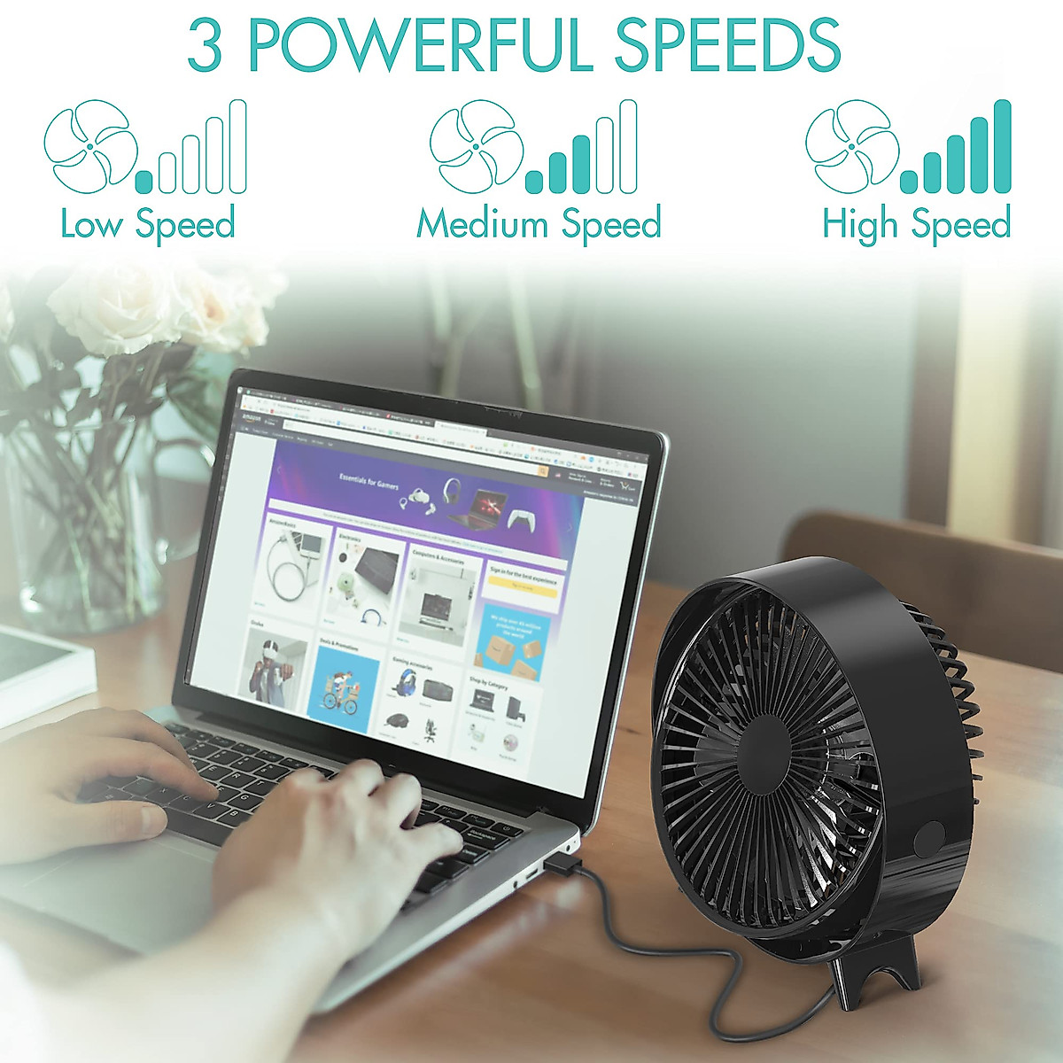 PFLANZENHAU 7.3 Inch USB Desk Fan, 360° Pivot, 3 Speeds, Quiet but Powerful, Portable Personal Table Fan for Better Cooling for Home Office Dorm Outdoor