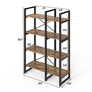 Easyzon 4 Tier Bookcase and Bookshelf, Rustic Industrial Bookshelf, Large Etagere Bookshelf Open Display Shleves with Metal Frame for Living Room Bedroom Home Office, Rustic Brown