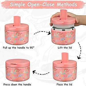 Pawtong 12oz Insulated Vacuum Food Jar with Buckle Lid Wide Mouth Soup Thermo for Hot Food Kids Leakproof Stainless Steel Lunch Container (Pink-Mermaid)