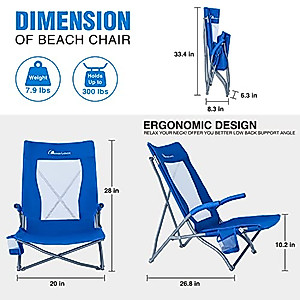 MOON LENCE 2 Pack Low Beach Lawn Lounge Chair, Outdoor Camping Chairs for Adults Folding, Portable, Comfortable with Arm Cushions, Cup Holder & Carry Bag(Blue)