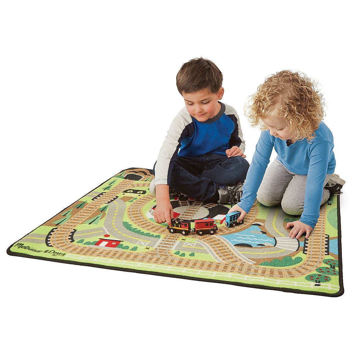 Melissa & Doug Round the Rails Train Rug With 3 Linking Wooden Train Cars (39 x 36 inches)