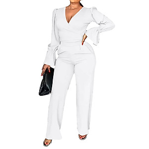 Rooscier Women's 2 Piece Outfits Long Sleeve Top with Pants Sets White Medium