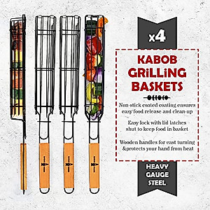 Gnome Mames Kabob Grilling Baskets - Set of 8 Large BBQ & Veggie Grill Baskets + Stainless Steel Skewers - Silicone Basting Brush - Easy Vegetable & Meat Removal with No Mess Slider - Basket Lid Holds Ingredients- Gifts For Father, Dad, or Husband-BBQ Gri