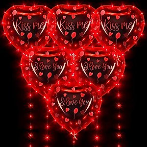 Red Heart Light Up Balloons, 6 Pack 20 Inches BoBo Bubble Transparent Helium Balloons with 10 Feet LED String Lights for Valentines Wedding Party Decoration (Red)