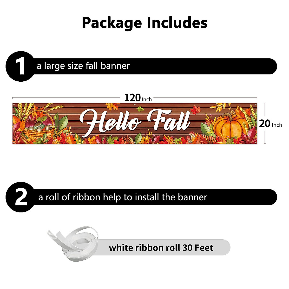 Probsin Happy Fall Banner 120"x 20" Decorations Outdoor Thanksgiving Decor Autumn Party Supplies Wooden Hello Fall Pumpkin Mushroom Harvest Welcome Hanging Backdrop for Garden Fence Yard Lawn Porch