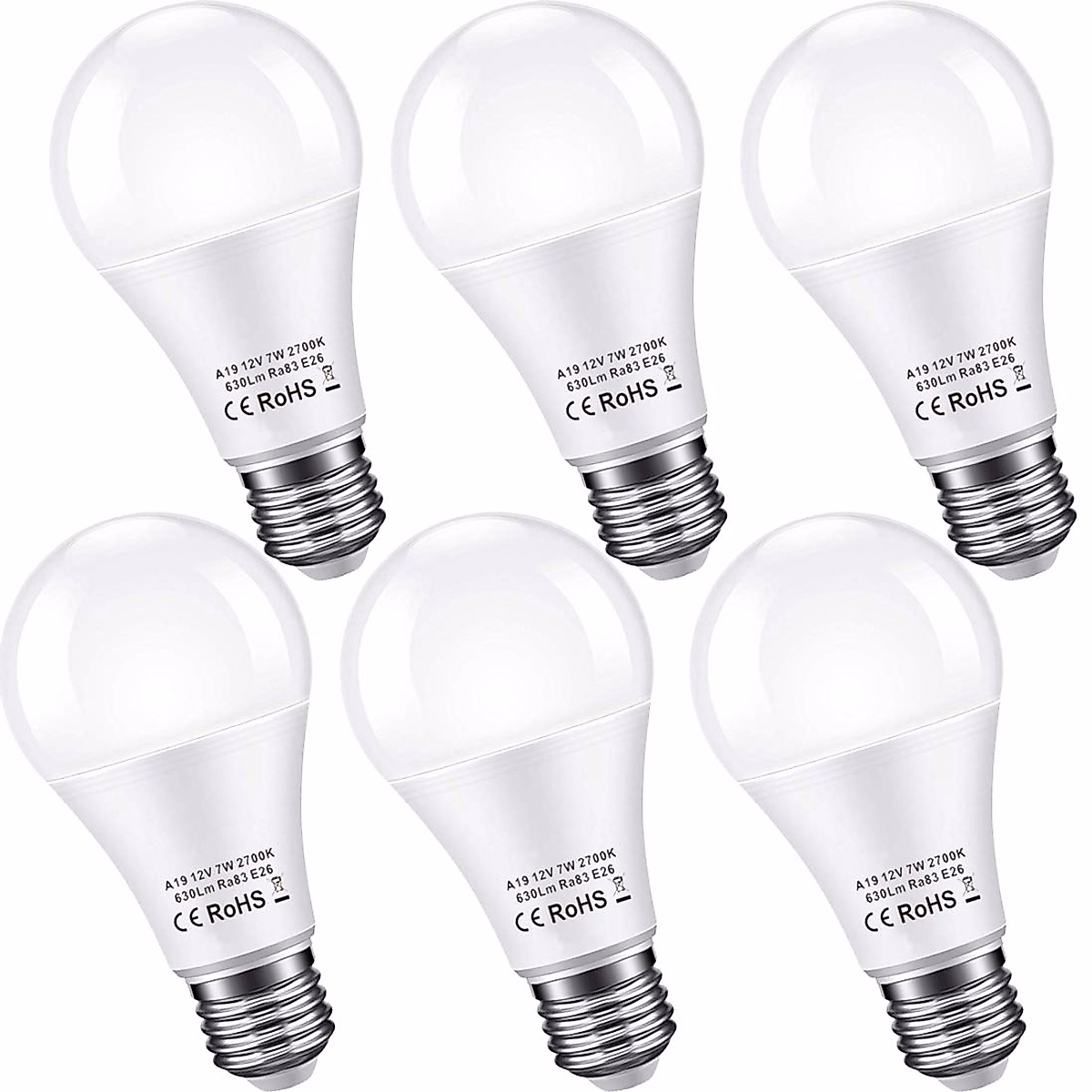 BAYSHE 12V LED Light Bulb 60Watt Equivalen E26 7W 630Lm 12 Volt Low Voltage Lights AC/DC 11-18V A19-12volt RV Marine Boat Landscape Lighting- 6 Pack(2700K Warm White)