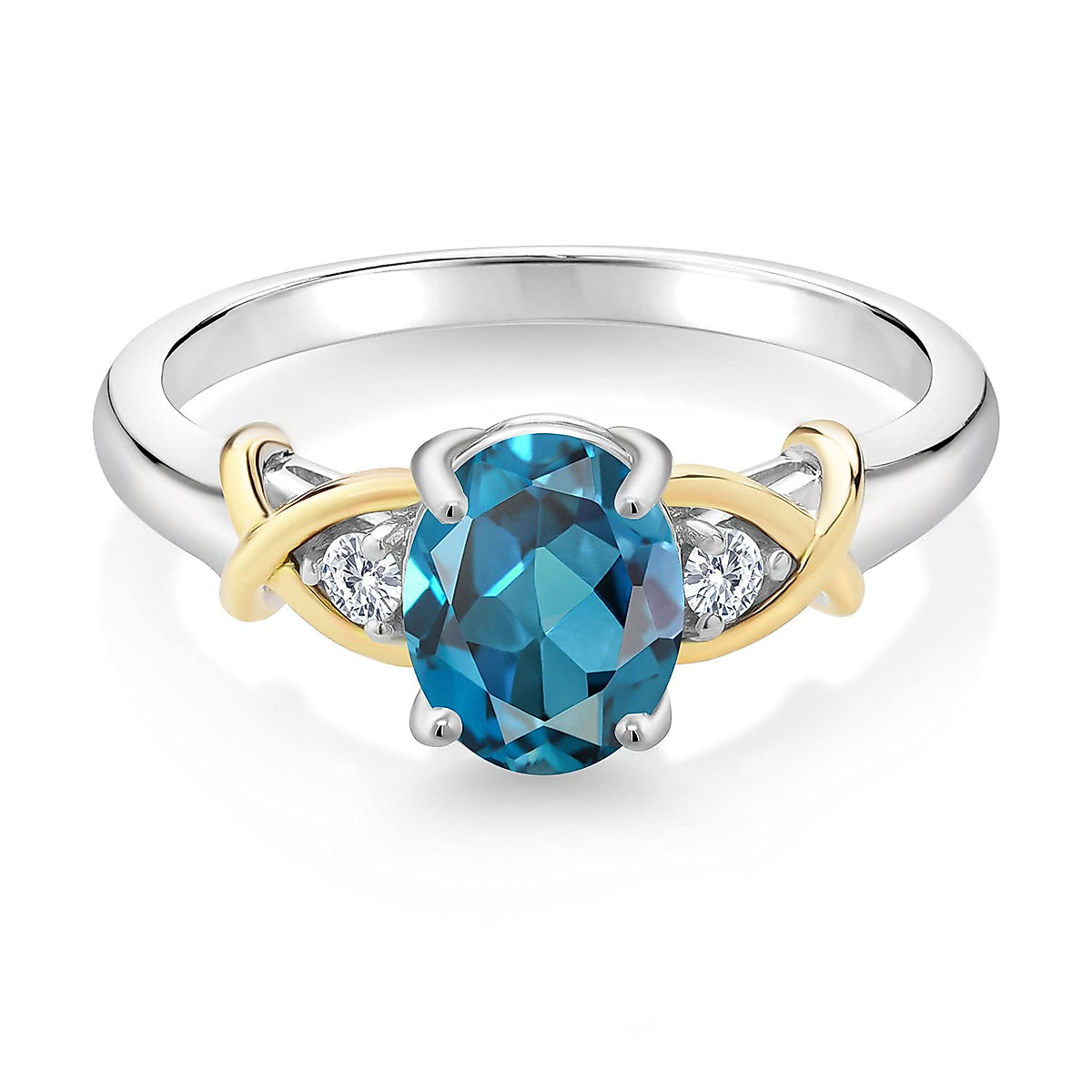 Gem Stone King 10K Yellow Gold and 925 Sterling Silver London Blue Topaz and White Lab Grown Diamond Ring For Women (1.58 Cttw, Available in size 5, 6, 7, 8, 9)