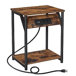 VASAGLE Side Table with Charging Station, End Table with USB Ports and Outlets, Nightstand for Living Room, Bedroom, Plug-in Series, Rustic Brown and Black ULET371B01