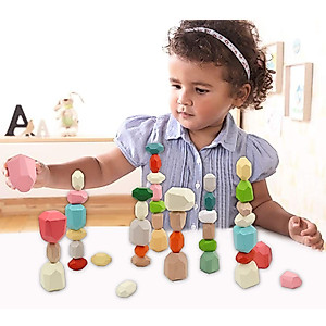 LSJDEER 40 PCS Wooden Rocks Balance Stones Building Blocks Set, Colored Wood Balancing Stone Stacking Game, Lightweight Natural Educational Preschool Learning Large Small Puzzle Toy for Kids