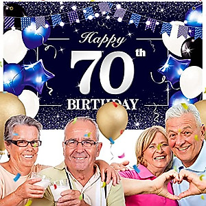 P.G Collin Happy 70th Birthday Banner Backdrop Sign Background 70 Birthday Party Decorations Supplies for Him Men 6 x 4ft Blue Purple