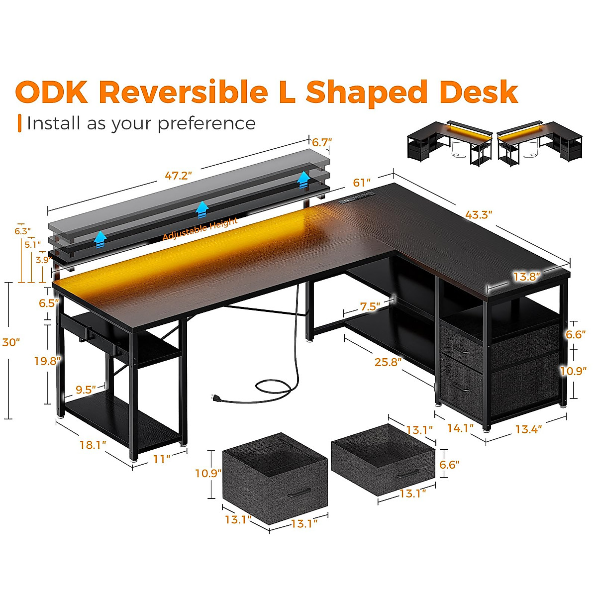 ODK L Shaped Gaming Desk with File Drawers, Reversible Computer Desk with Power Outlets & LED Lights, Home Office Desk with Storage Shelves, 61 Inch Bedroom Corner Desk with Monitor Stand, Black