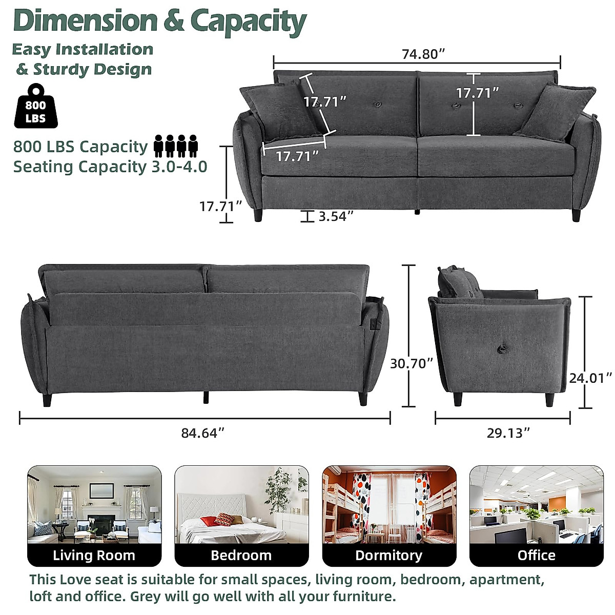 STHOUYN 85” 3 Seat Grey Couch with 2 USB, Modern Comfy Couch Sofa, Large Couches Sofas for Living Room Office, Deep Seat & Low Profile, Chenille Sofa (Grey)