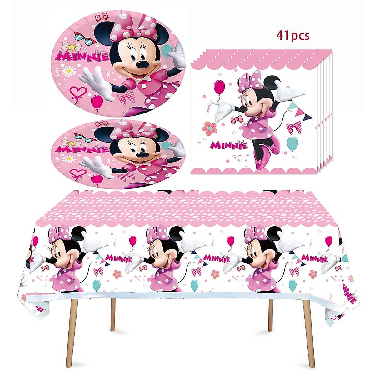 ChezMax 41pcs Minnie Mickey Mouse Party Supplies 20 Plates + 20 Napkin + 1Tablecloth Minnie Mickey Mouse Birthday Party Decorations, for Girl and Boy (41pcs)