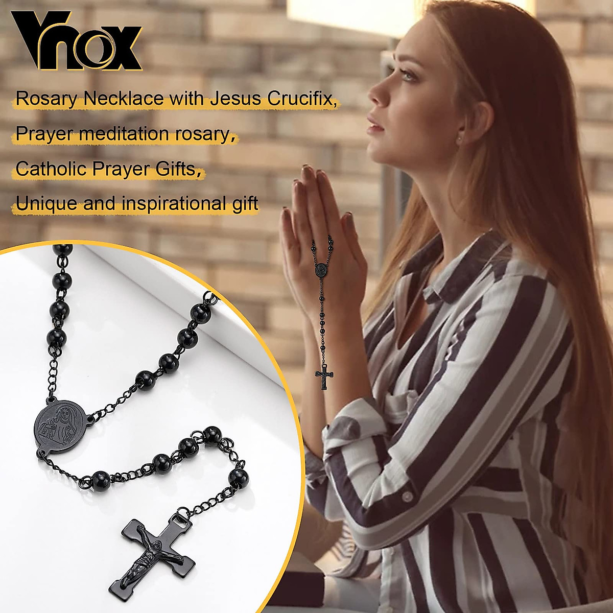 VNOX Rosary Cross Necklace for Men Women,Long Rosary Beads Catholic Cross Y Necklace with Crucifix Cross Virgin Mary Medal Pendant,6mm Bead,Black