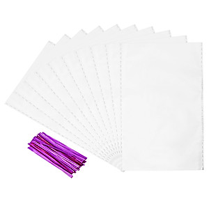 uxcell 100 Pcs Clear Cello Bags, Clear Flat Plastic Cello Treat Bags with Purple Twist Ties Gift Bags Cookie Bags for Christmas Snacks Candy Cookie Gifts
