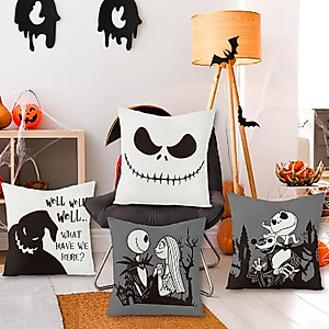 4Pcs Halloween Jack and Sally Christmas Pillow Covers 18x18 Inch Horror Cartoon Skull Throw Pillow Case Decorations Linen Decorative Square Cushion Covers for Home Sofa Couch Bed