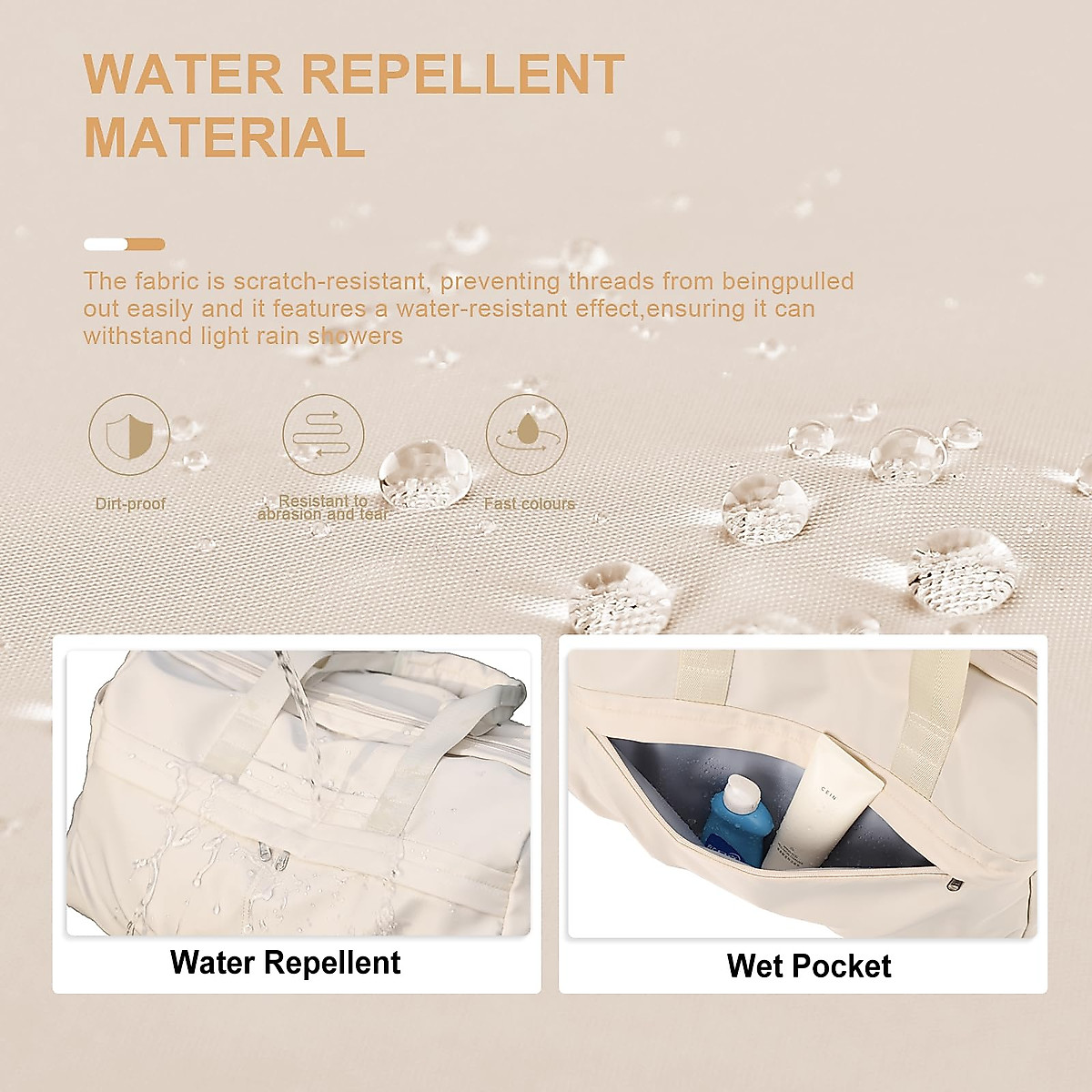 Gym Bag for Women Small Travel Duffle Bag with Shoe Compartment, Waterproof Weekender Overnight Sport Carry on Bag with yoga Mat Trolley Sleeve, Beige