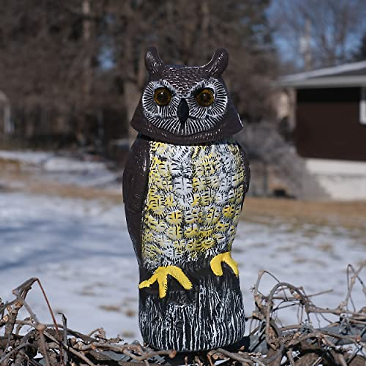 Rural365 Owl Decoy Bird Deterrent - Artificial Solar Powered Fake Owl with Rotating Head, Flashing Eyes, and Bird Sounds