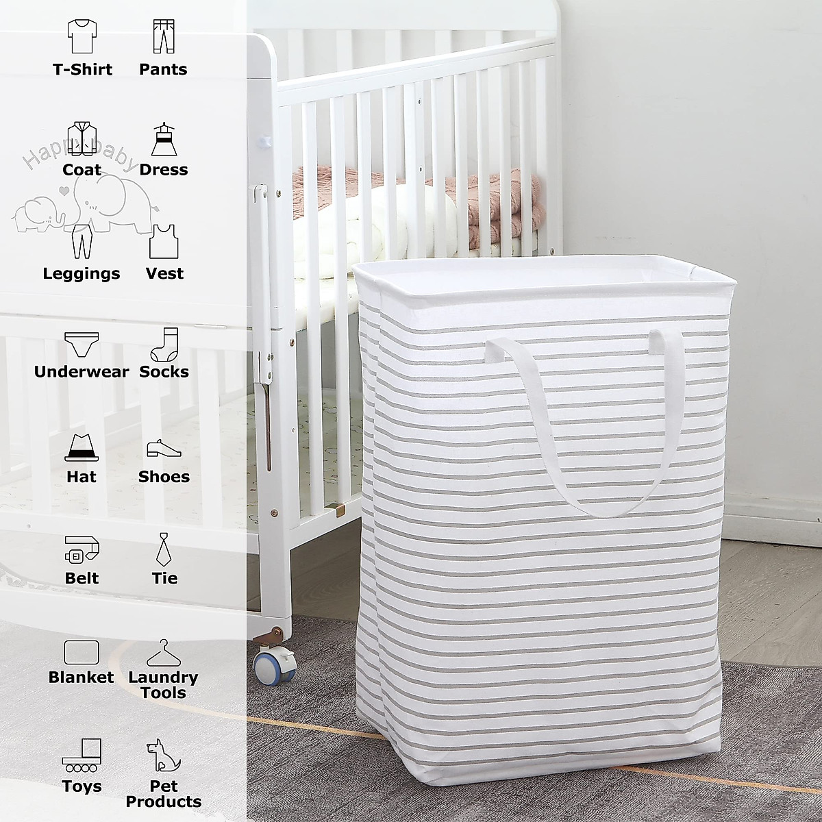 Hinwo 20 Gal / 77L Freestanding Large Laundry Hamper, Collapsible Laundry Storage Basket with Easy Carry Extended Handles for Clothes Toys, 16 x 12 x 24 Inches, Grey Stripe