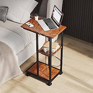 Homsorout C Shaped End Table - C Table on Wheels - Bedside Table with Wheels, Power Outlet and USB - Sofa Table for Living Room, Bedroom, Small Spaces - 27.2'' High, Brown