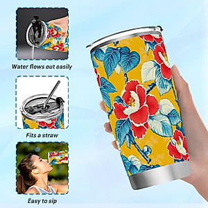 sanluoli Yellow Red Flowers Big Stainless Steel travel cups Leak-proof Lid and Straw coffee mugs with lids for Home, Office or Car simply vacuum insulated tumbler with lid 20 OZ