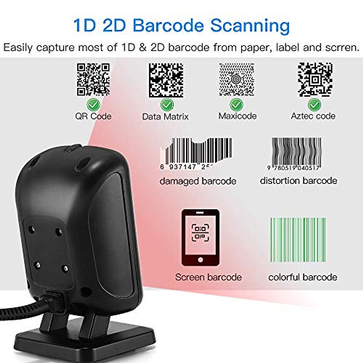 Eyoyo 2D Hands-Free Barcode Scanner, Omnidirectional USB Wired Desktop Barcode Reader 1D 2D PDF417 Data Matrix Bar Code Reader with Automatically Scanning for Retail Store Supermarket Mall Business