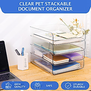 CiWiVOKi Set of 4 Office Organization and Storage, Clear PET Letter Tray Desk Organizer, Stackable Paper Tray Organizer for Desk Accessories, Notes, Pens, File Paper, Document