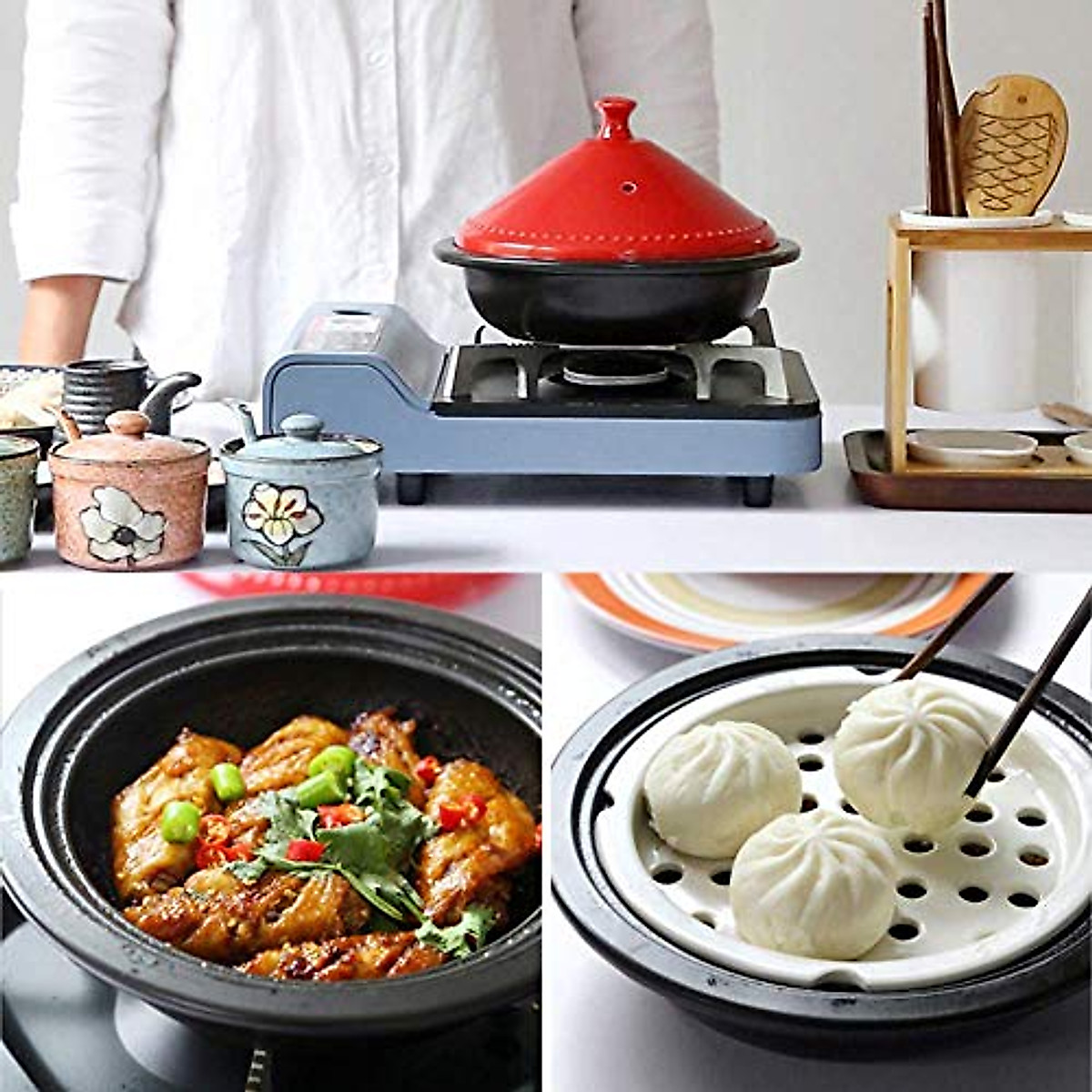 Tagine Pot, 17cm Ceramic Casserole, Japanese Style Braised Rice Pot, Open Flame and High Temperature Resistance, Household Steamer Stew Pot, Clay Pot Oven