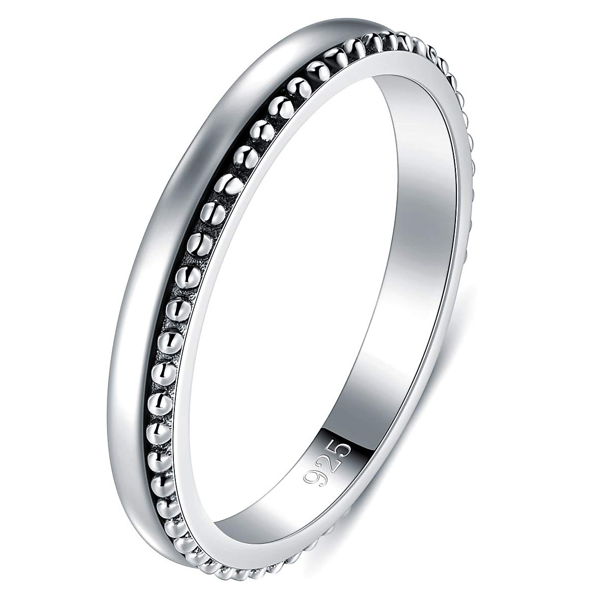 BORUO 925 Sterling Silver Ring High Polish Thin Beaded Bali Stackable Tarnish Resistant Engagement Wedding Band 2mm Ring Size 9.5