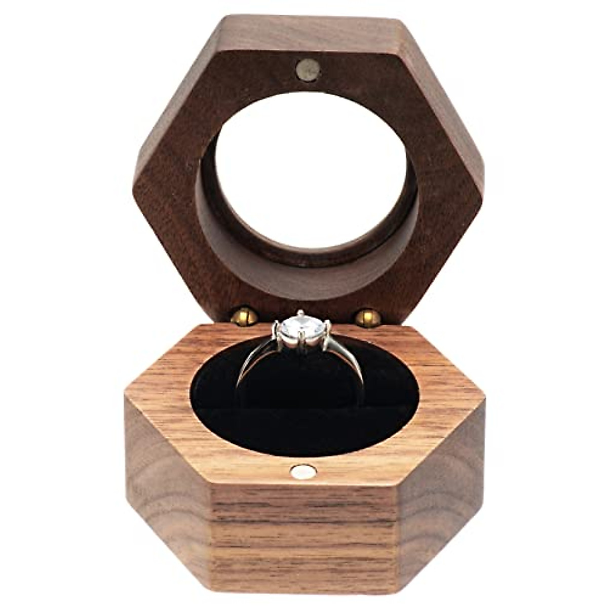 COSISO Hexagon Wooden Ring Gift Box Case for Proposal Engagement,Single Ring Holder Storage Box Jewelry Display (Black Inner)