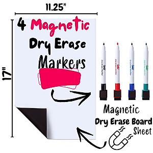 Mr. Pen- Magnetic Dry Erase Whiteboard Sheet, 17" x 11.25", Magnetic Dry Erase Board Sheet with a Set of 4 Markers, Magnetic Dry Erase Board for Fridge, Dry Erase Board Magnetic, Magnetic Whiteboard