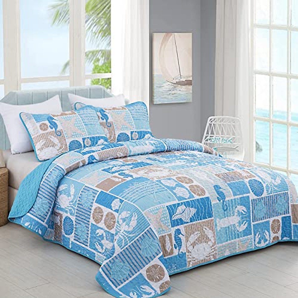 DJY Coastal Quilt Set King Coastal Blue Pattern Quilt Coverlet Set Soft Coastal Patchwork Bedspread with 2 Pillow Shams 3 Pieces Coastal Bedding Quilt Set for All Season 90"x 104"