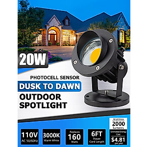SUNVIE 20W Spot Lights Outdoor with Photocell Sensor, Dusk to Dawn LED Landscape Spotlights, Waterproof 120V 2000LM 3000K Landscape Lighting for Yard Flag Tree Garden 6 FT US 3-Plug in Cord, 2 Pack