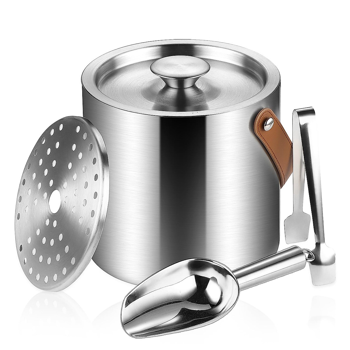 Bakpoco Double-Wall Vacuum Insulated Ice Bucket with Lid, Scoop, Ice Tong, Strainer & Leather Handle Keep Ice Frozen Longer Large Wine Ice Buckets for Cocktail Bar,Parties Chilling Beer Champagne 3L