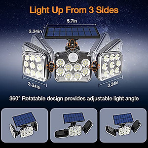 Outdoor Solar Powered Flood Lights, KwafoTri 138 LED 2200LM with Remote Control, IP65 Waterproof, 3 Adjustable Heads, 270° Wide Angle, Wireless Security Light for Garage Patio Porch Garden Yard-2 Pack