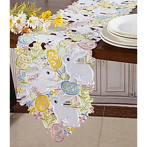 Easter Table Runner Spring Bunnys Flowery Table Runner Cutwork Embroidered Floral and Bunnys Dresser Scarf Table Topper Home Kitchen Dining Tabletop Decoration (Runner 13"×36", Bunny)