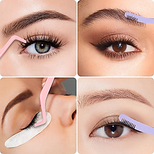 2pcs Eyelash Tweezers Set, Stainless Steel Eyelash Extension Tweezers with Comb False Lash Application Tool for Girls Women Beginners Makeup Artists (Light Purple, Light Pink)