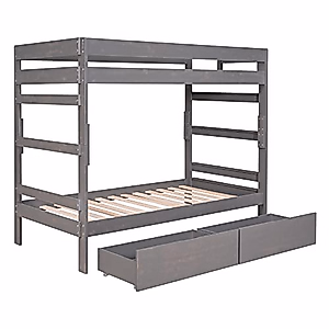 Flieks Twin Over Twin Wood Bunk Bed with 2 Drawers, Gray
